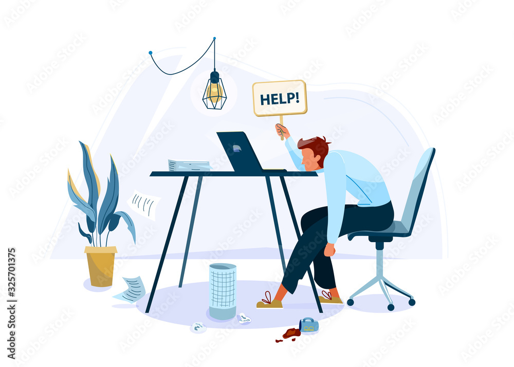 Tired male office worker sitting on the chair and request help. Burnout ...