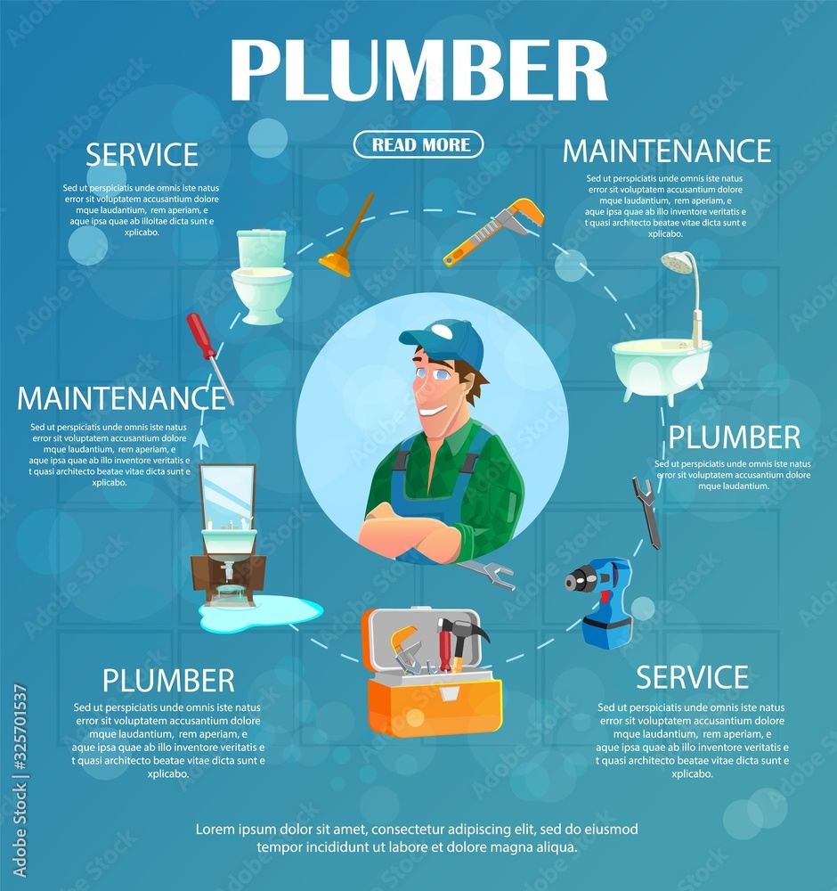 Service Plumber Flat Cartoon Banner Vector Illustration. Man in Uniform ...
