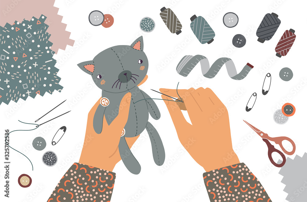 Vector illustration the tailor hands sew cat toy. Top view workplace ...
