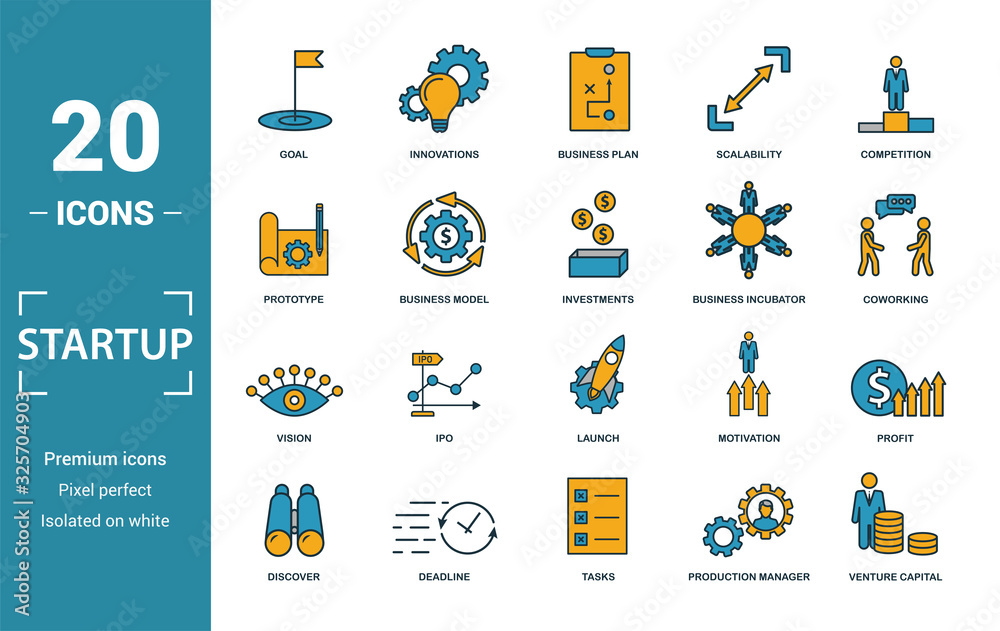Startup icon set. Include creative elements goal, business plan ...
