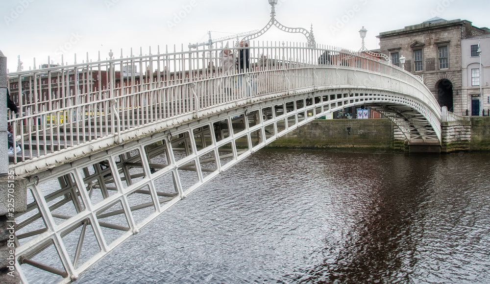 Poster Dublin, Ireland. Waterfront and historic Ha'penny Bridge – Wall ...
