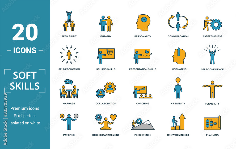 Soft Skills icon set. Include creative elements team spirit ...