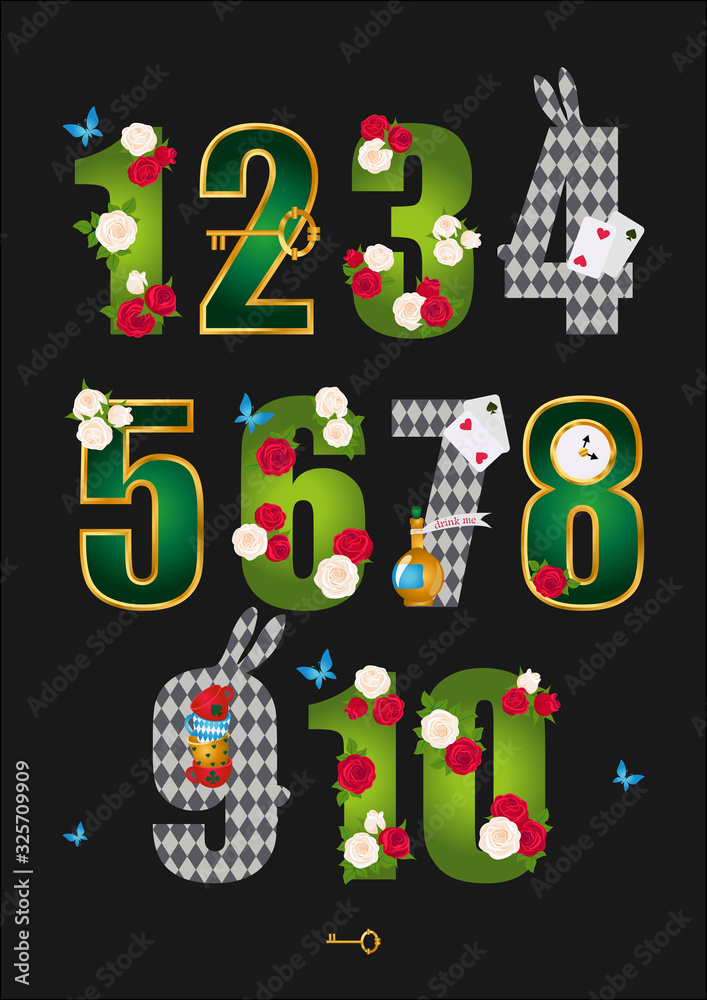 Wonderland poster with numbers. Beautiful fantasy letters with green ...