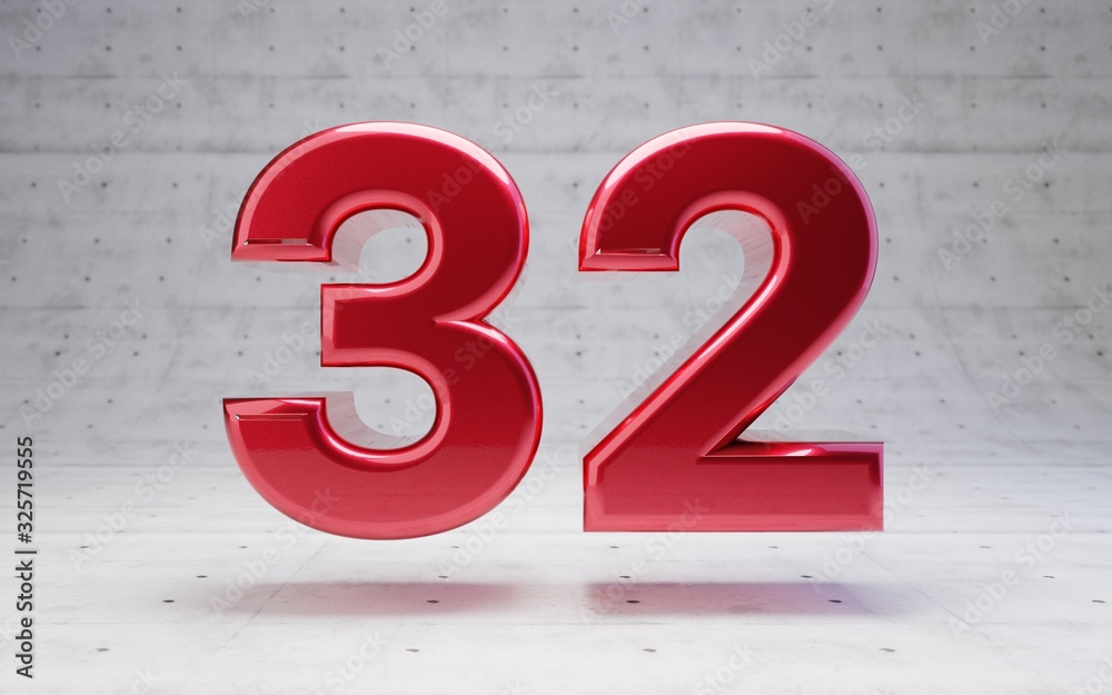Red number 32. Metallic red color digit isolated on concrete background ...