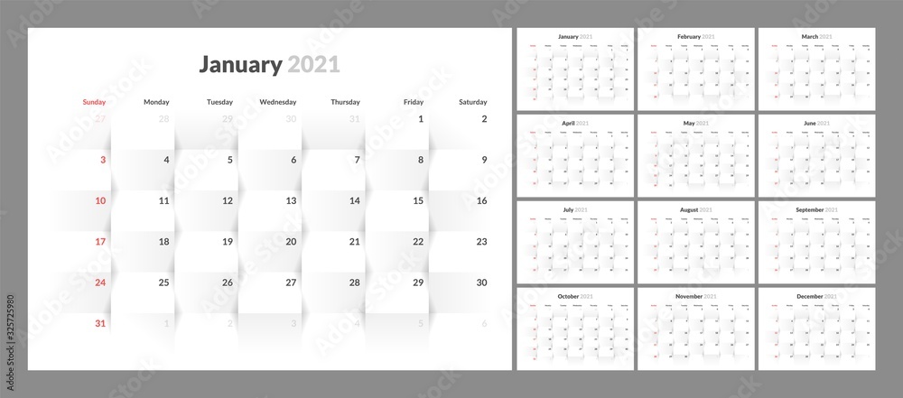 Wall calendar for 2021 year in clean minimal style. Corporate design ...