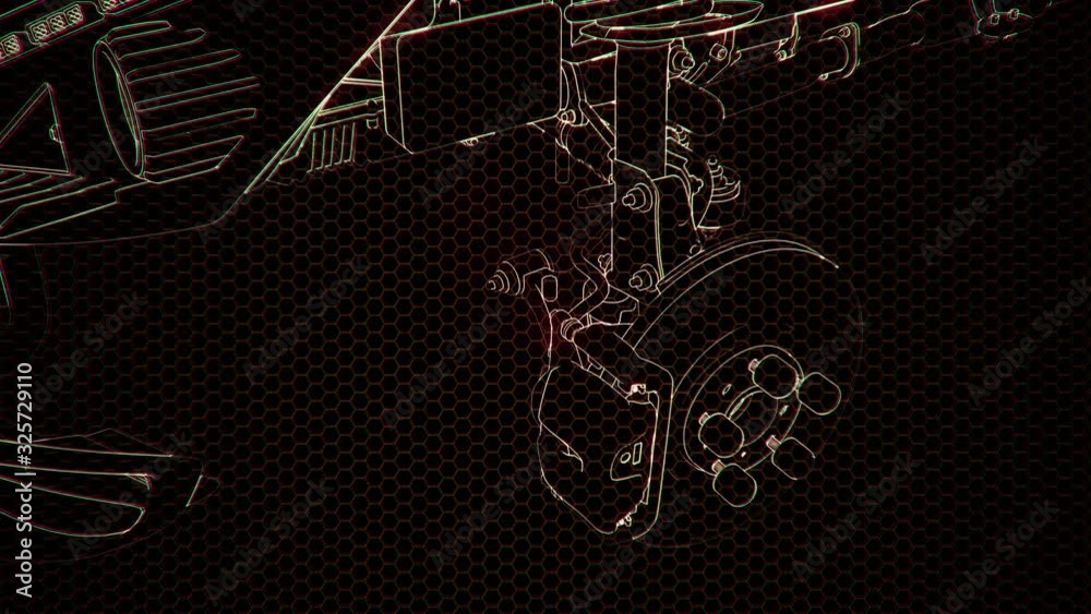 Holographic animation of 3D wireframe car model with engine and otter ...