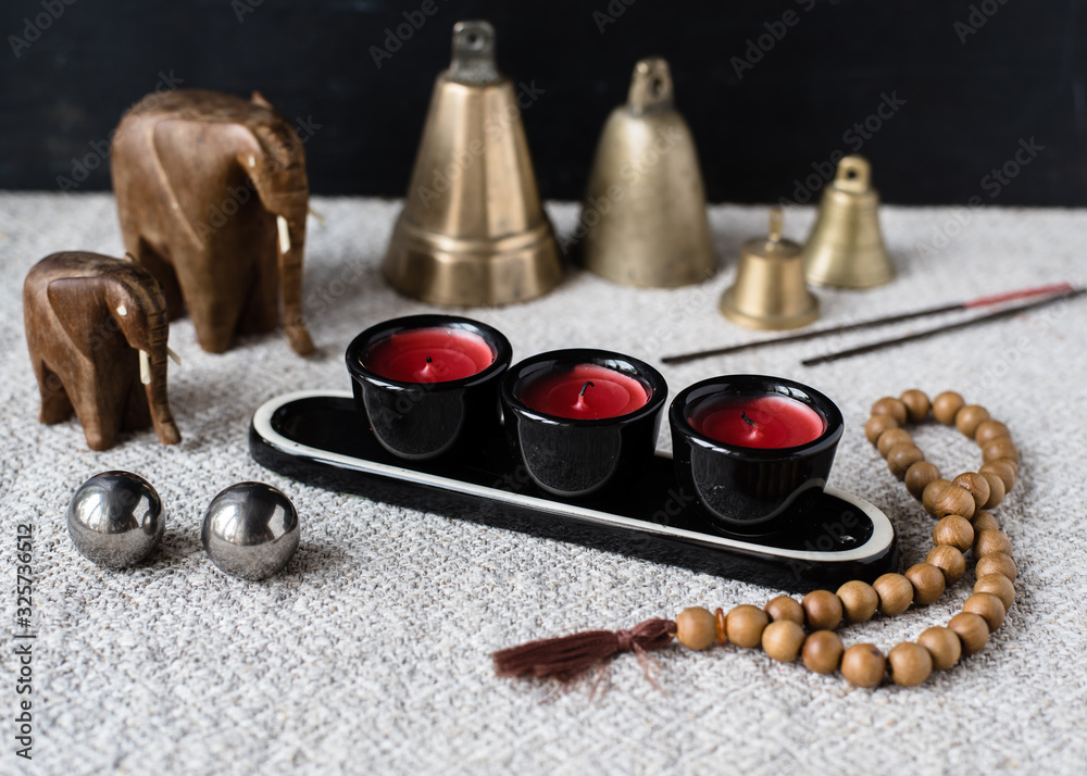 Composition with Buddhist symbols: yin yang, turtles, elephants, aroma ...