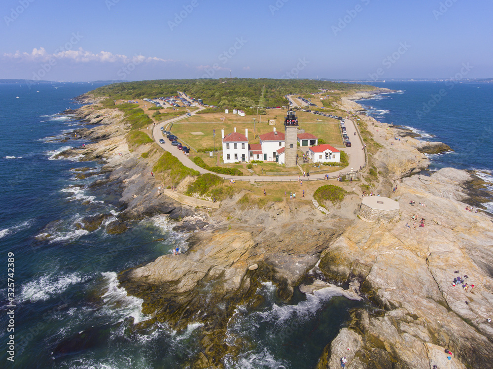 Beavertail Lighthouse in Beavertail State Park aerial view in summer ...