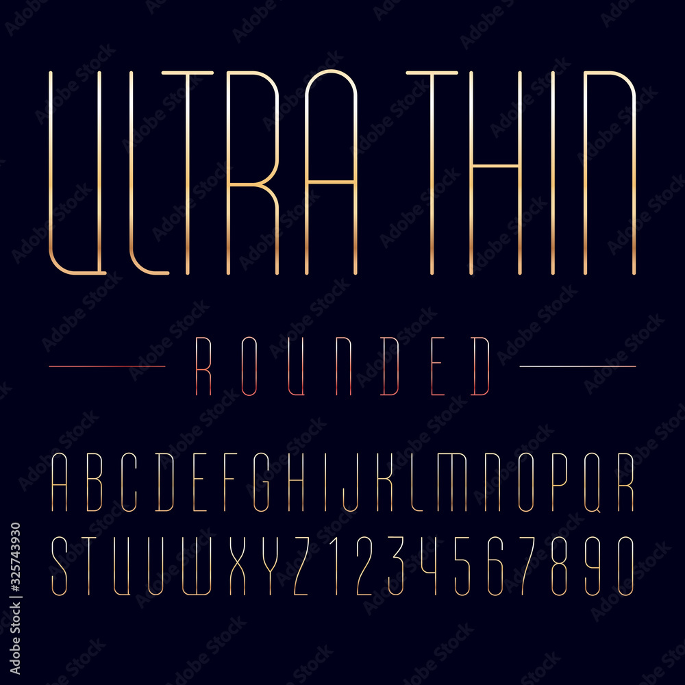 Font from rounded ultra thin line, trendy golden alphabet sans serif ...