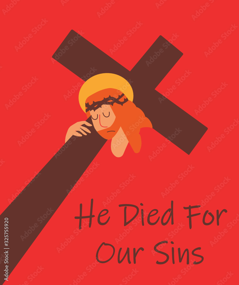Vector illustration of Way of the Cross. Jesus Christ crucified carries ...