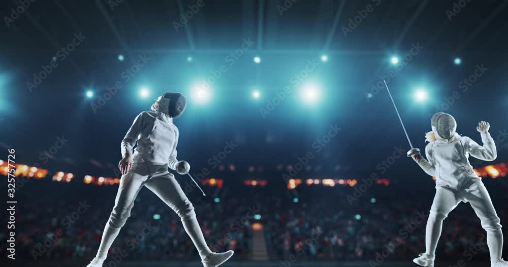 4K video in slow motion of two female fencing athletes. Hits are ...