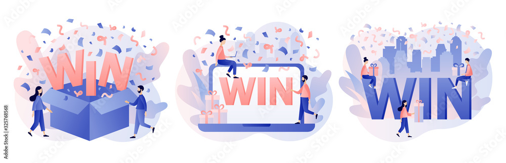 WIN text. You Win Concept. Congrats winner on falling down confetti ...