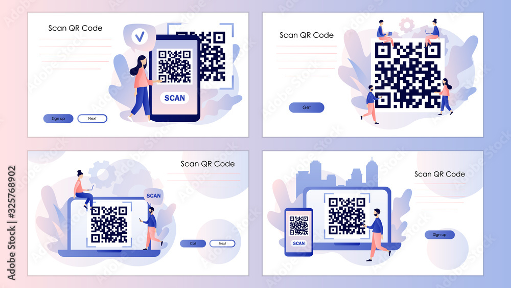 QR Code scanning concept. Tiny people scan code using smartphone ...