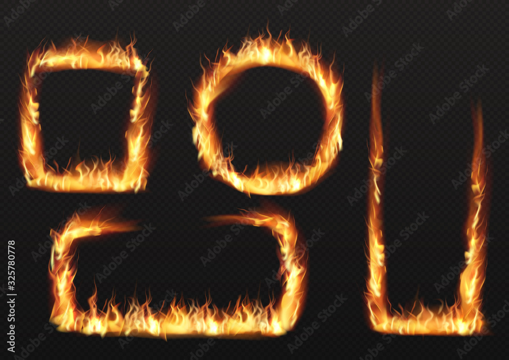 Ring fire flame, burning different shapes frames. Vector realistic ...