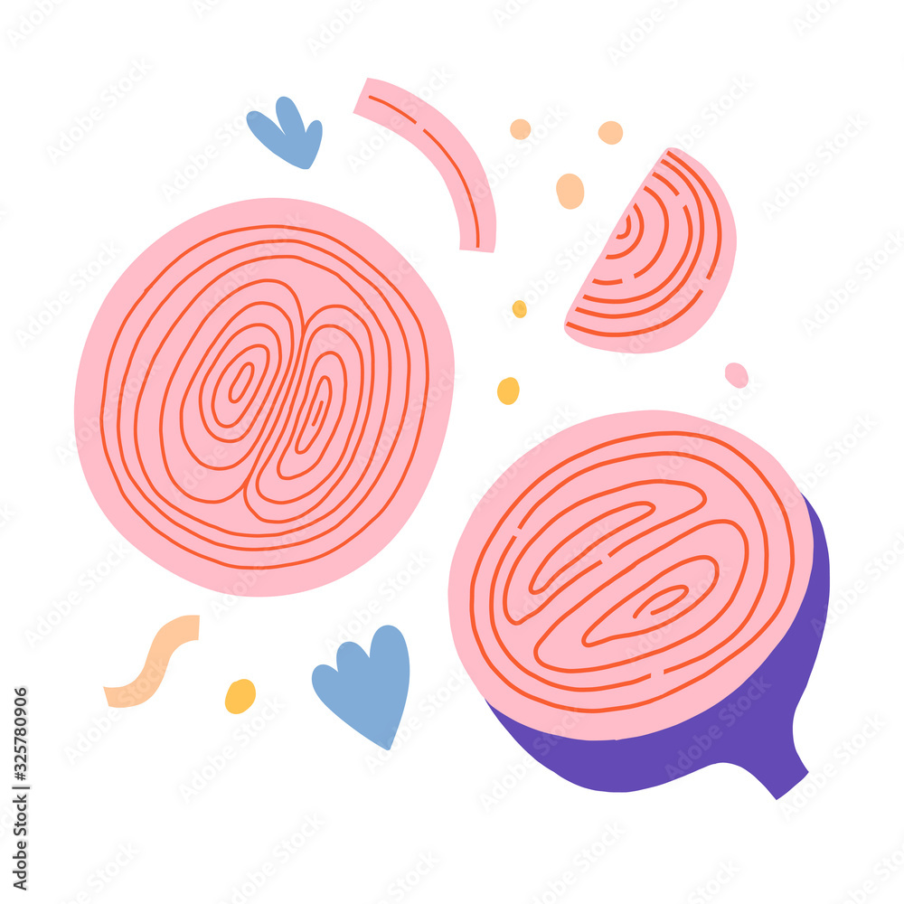 Red onion vegetable, stilised illustration sliced onion cooking ...