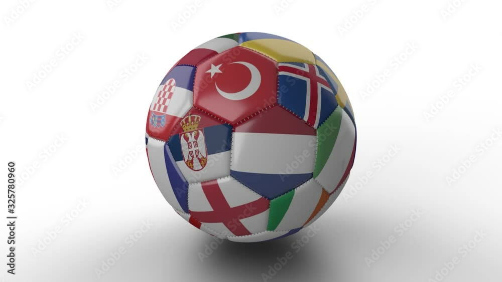 Soccer ball with flags of European countries rotates and casts shadow ...
