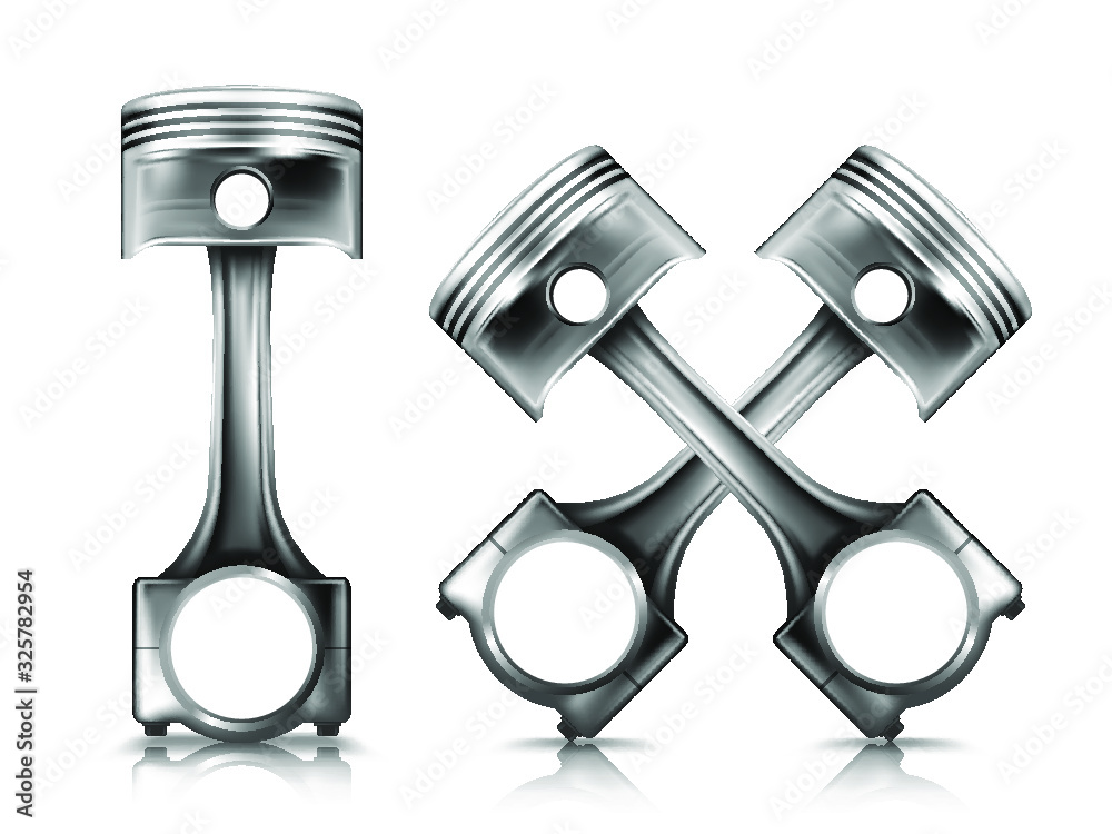 engine piston on white background. realistic metallic two crossed ...