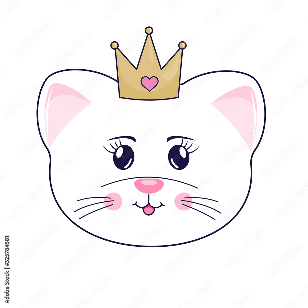 Beautiful cute cartoon cat princess smiles. Vector illustration. Stock ...
