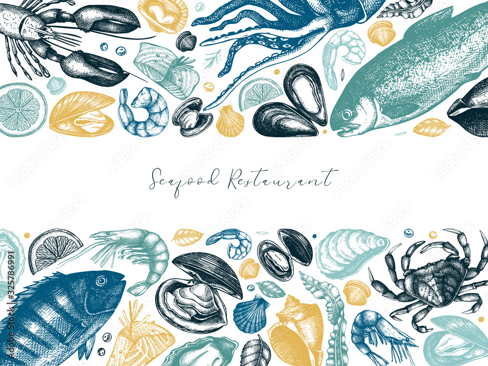 Hand drawn Seafood vector frame design. With fresh fish, lobster, crab ...