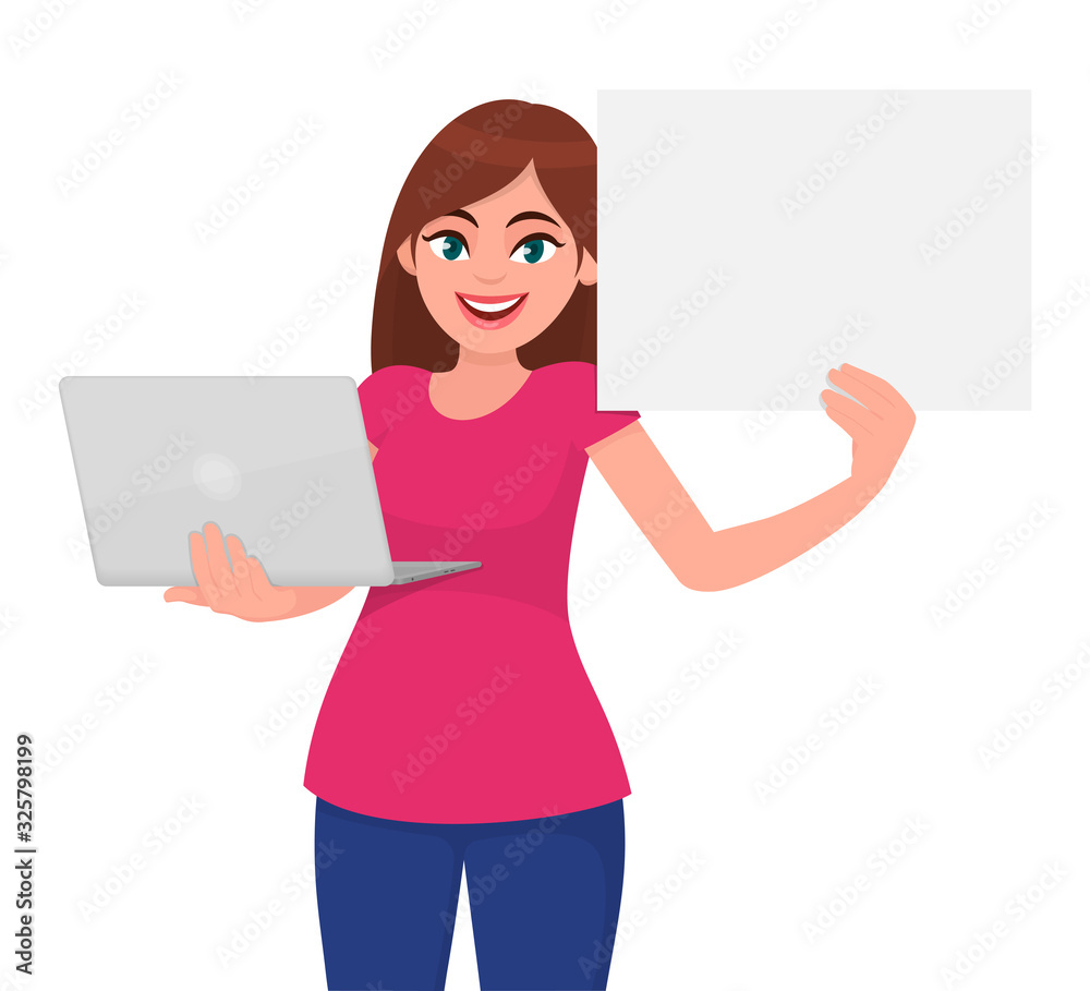 Trendy young woman holding laptop computer and showing a blank banner ...