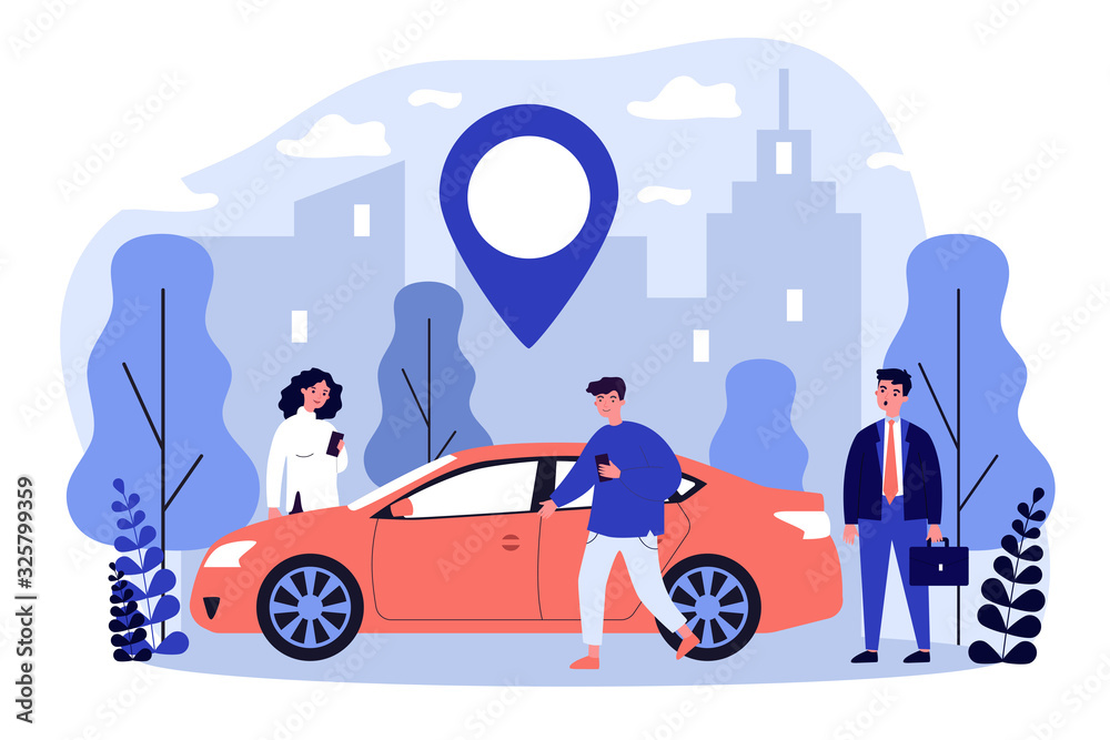 Commuters sharing car in city. People searching vehicle with location ...