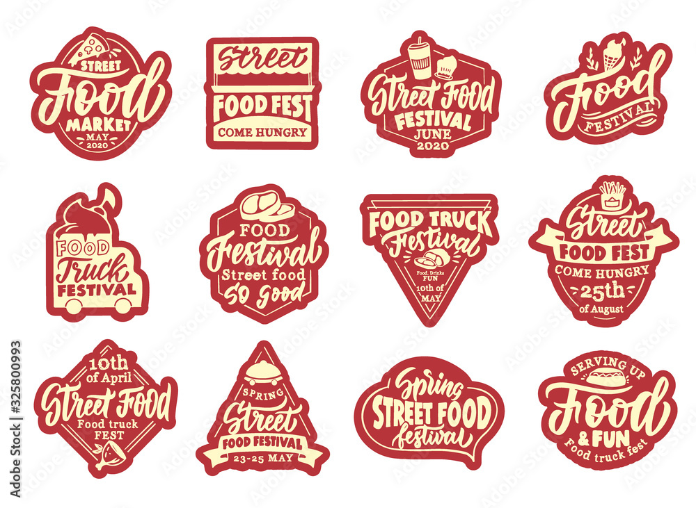 Set of Street food stickers, patches. Red badges, emblems, stamps for ...