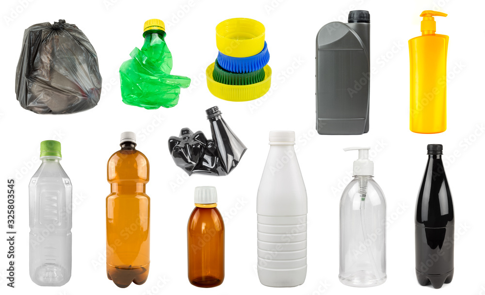 Collection of plastic recyclable garbage bottles caps and bags cut out ...