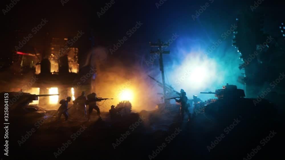 War Concept. Military silhouettes fighting scene on war fog sky ...