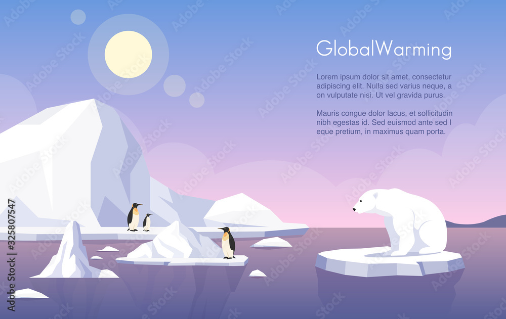 Global warming vector banner template. North Pole, melting glaciers ...