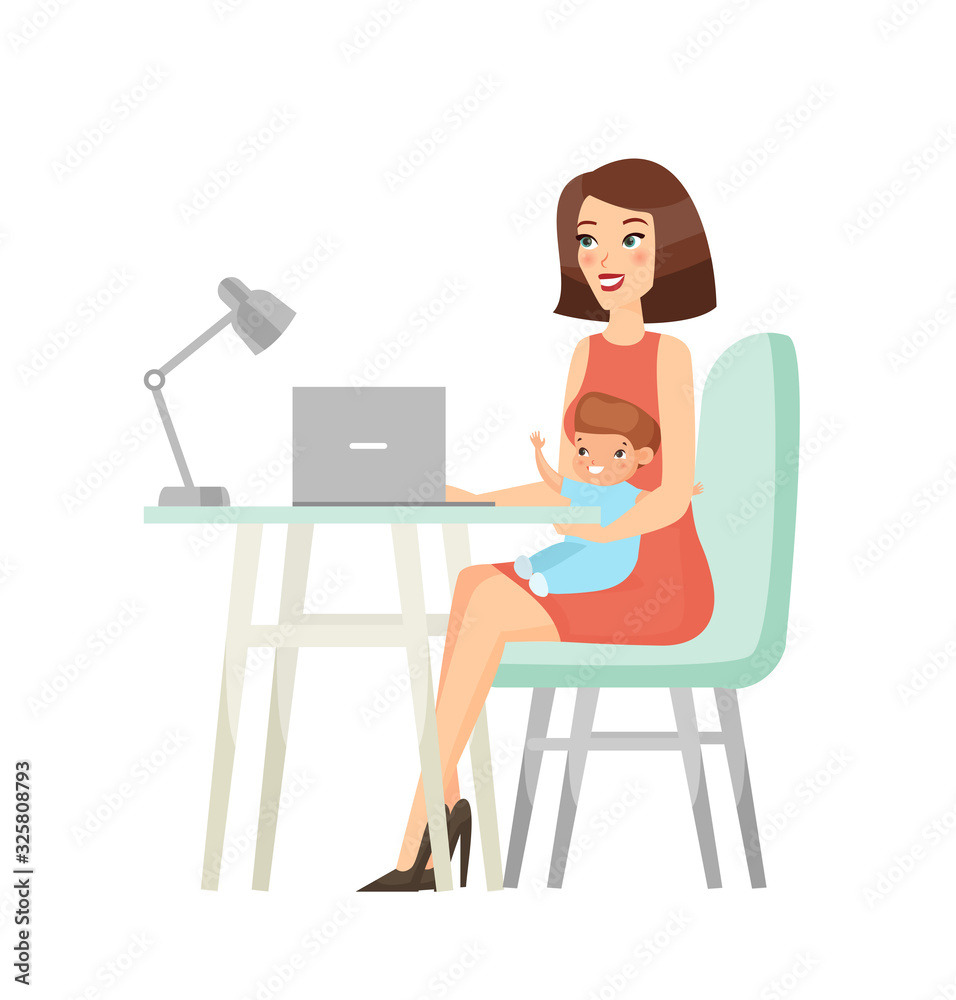 Working mother flat vector illustration. Businesswoman, female office ...