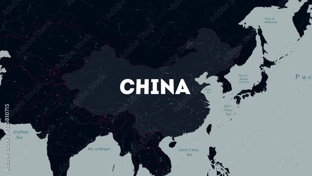 The territory of China on a dark background. Detailed map of Asia with ...