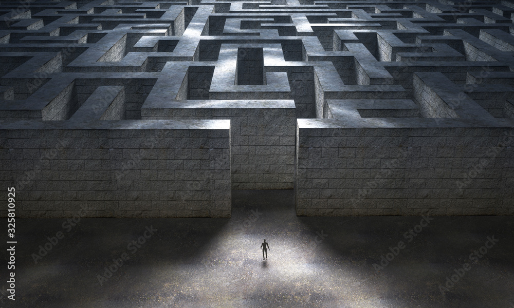 Small man entering a huge mysterious maze. 3d rendering Stock ...