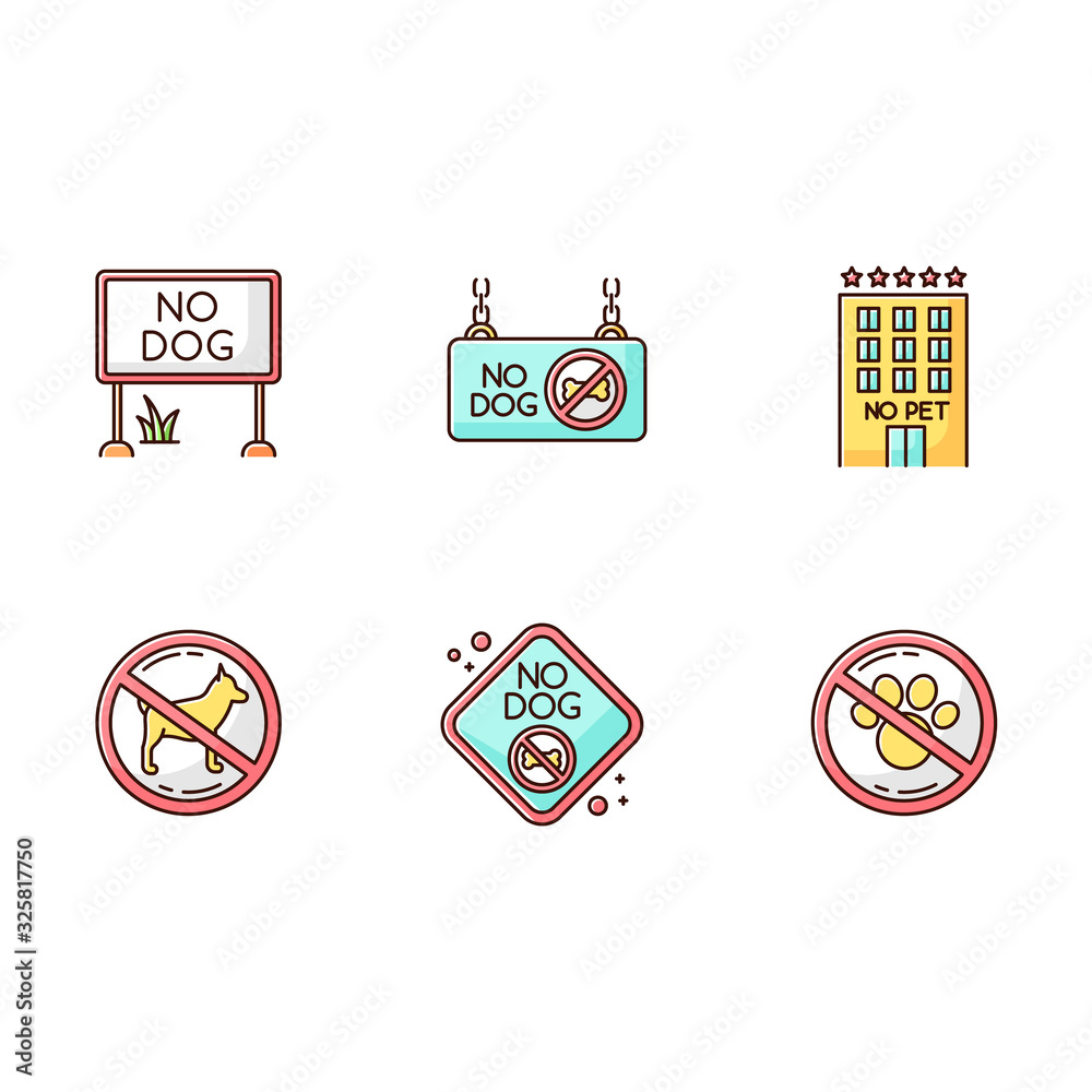 Pet not allowed emblems RGB color icons set. Four-legged friends banned ...