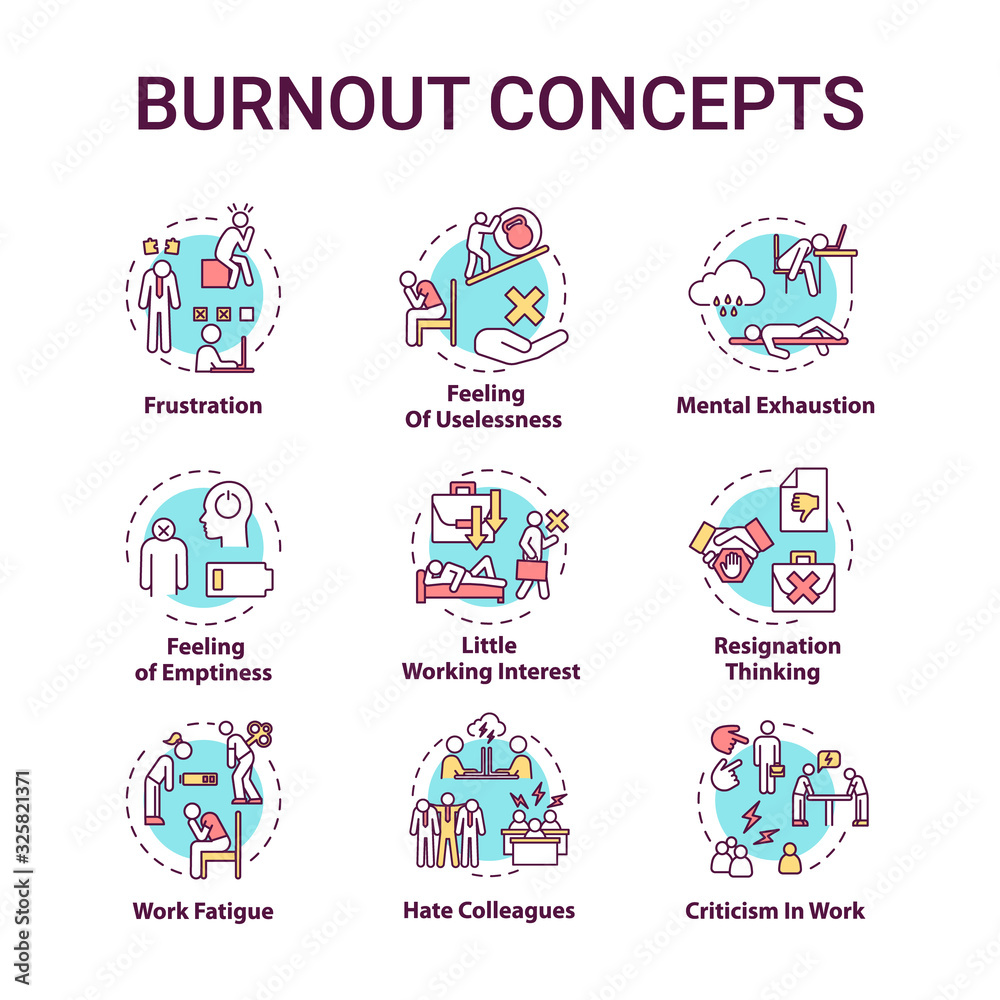 Burnout concept icons set. Work fatigue. Mental exhaustion. Little ...