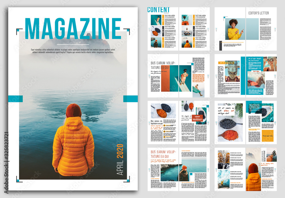 Magazine Layout with Blue and Orange Accents Stock Template | Adobe Stock