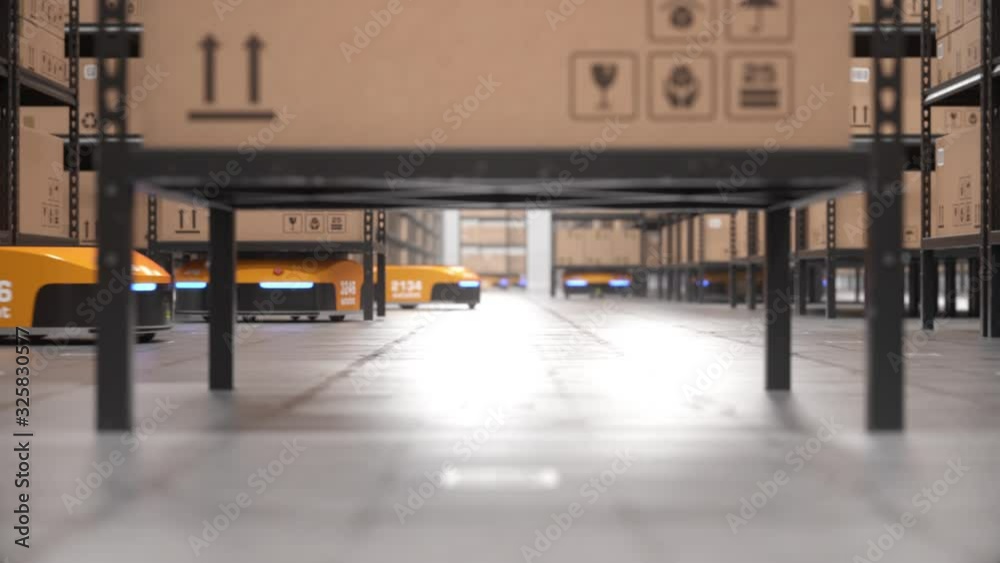 Autonomous robot lifts shelf and moves it off screen in automated ...