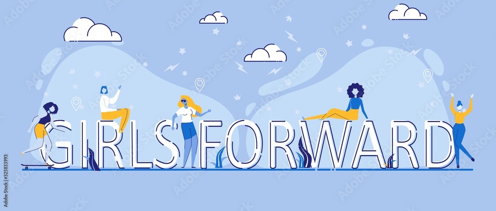 Woman Standing, Lying or Sitting on Girls Forward Typography Flat ...