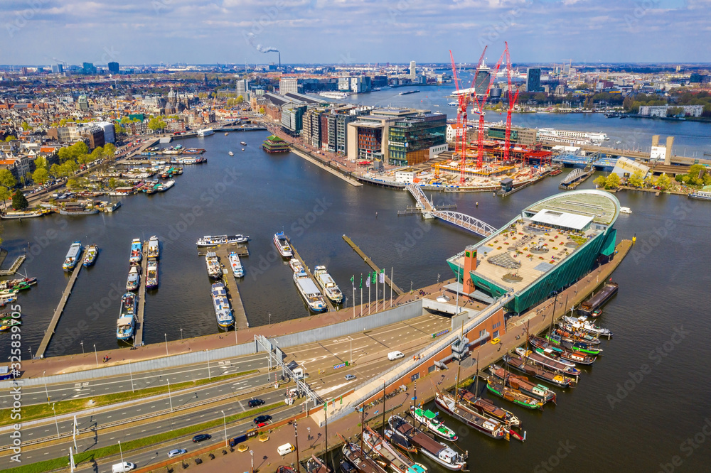 Aerial view of the Nemo Science Museum. The building is in the form of ...