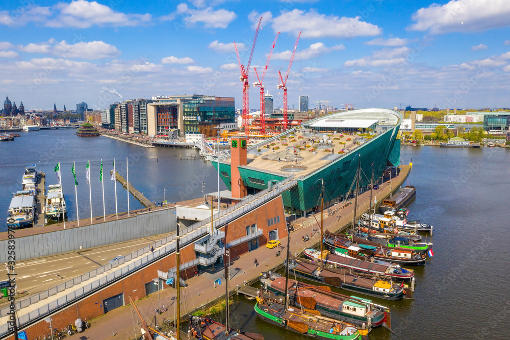 Aerial view of the Nemo Science Museum. The building is in the form of ...