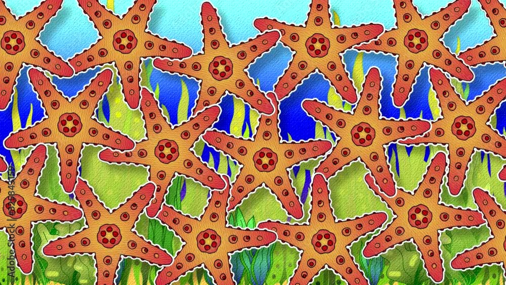 Abstract animated film with sea animals swimming horizontally with ...