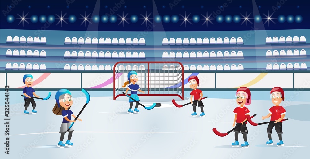 Children Playing Hockey on Ice Rink Flat Cartoon Vector Illustration ...
