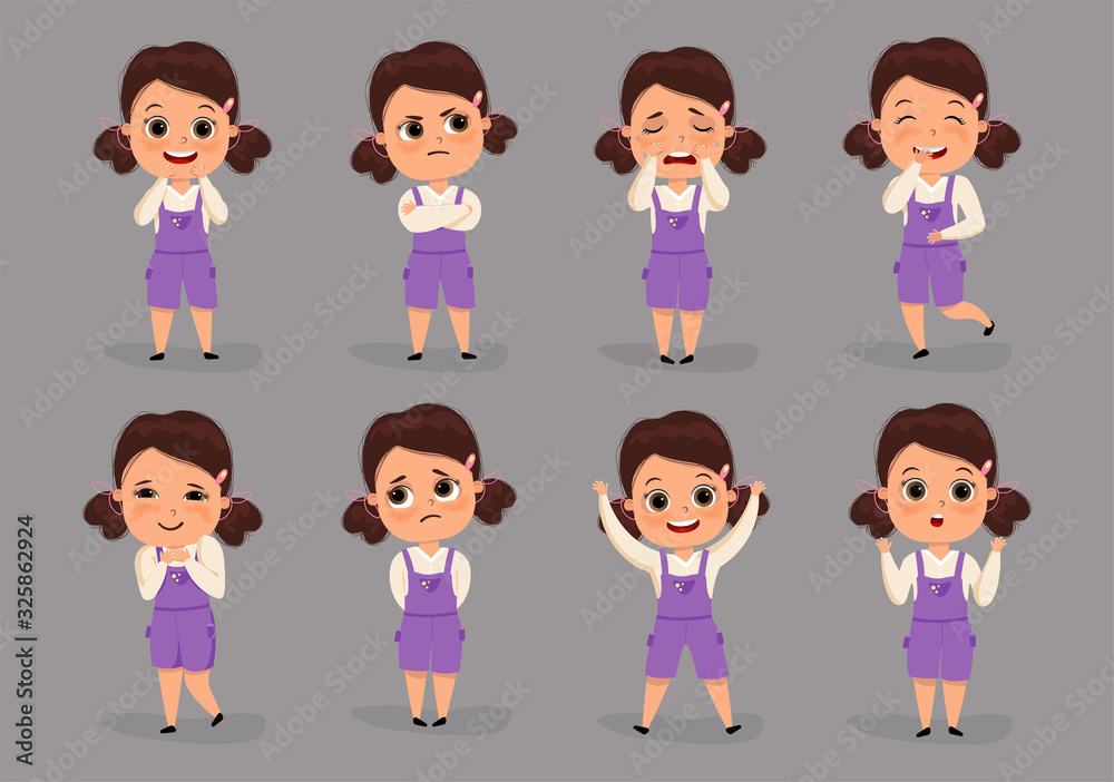 Set of different emotions female character. Cute kid girl teen emoji ...