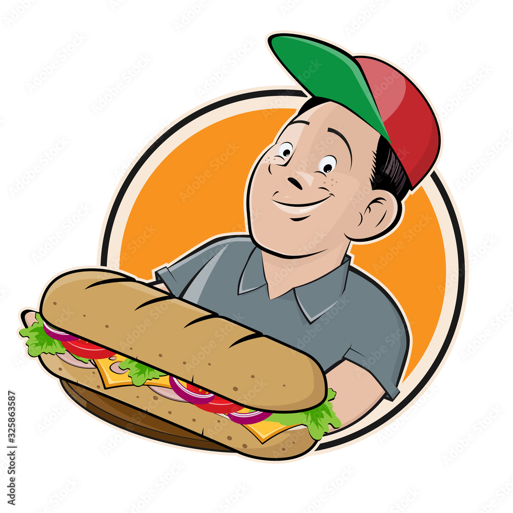 cartoon logo of a happy man serving a long sandwich Stock Vector ...