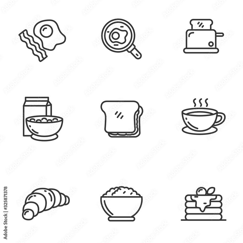 Set of breakfast food icons in black line design isolated on white ...