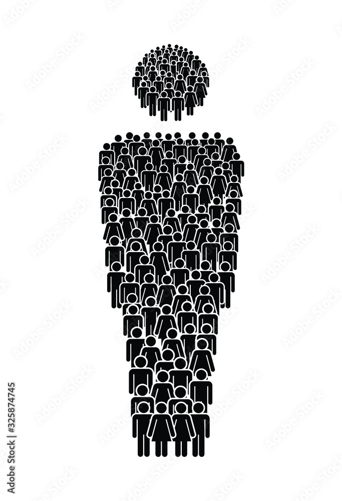A large number of people standing in a group in the form of man sign ...