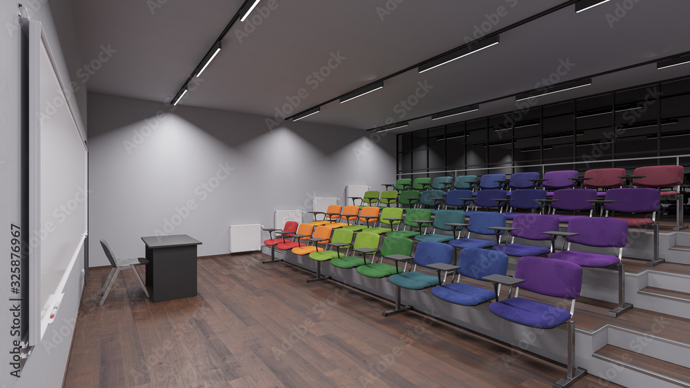 Brightly Illuminated Lecture Room Design with Desks in Varying Hues 3D ...