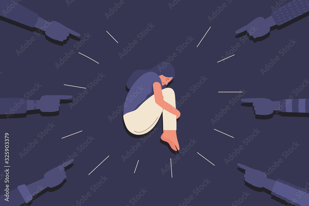 human hand aiming to sad young girl in depression lying hugging knees ...