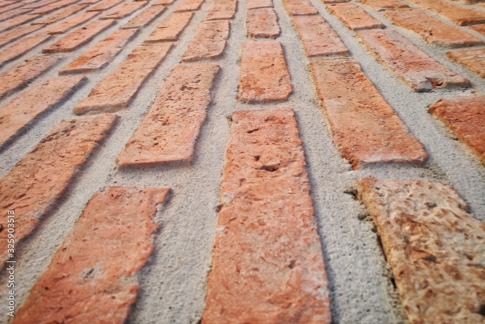 stack bond bricks pavement. footpath pedestrian made of orange red ...