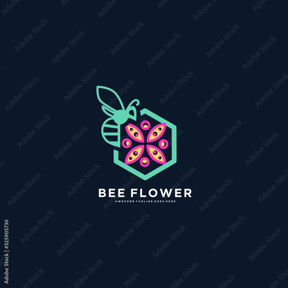 Vector Logo Illustration Bee With Flower Line Art Style Stock Vector ...