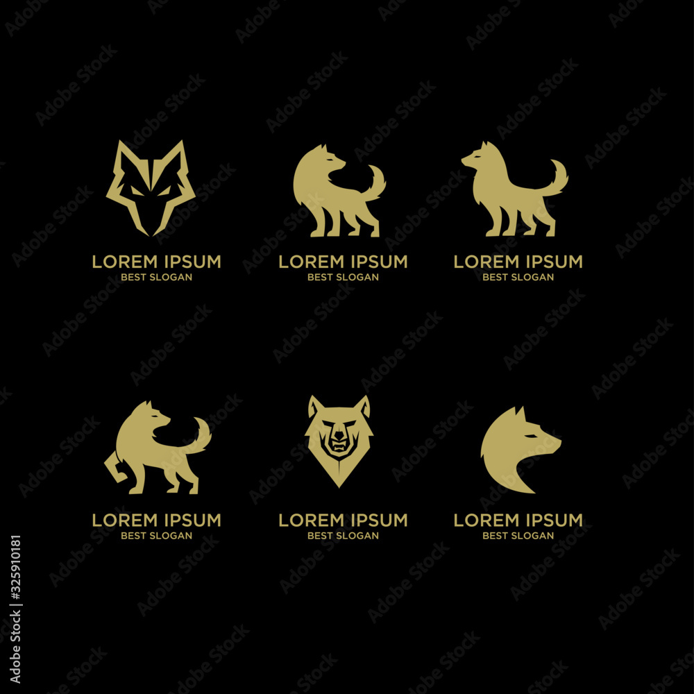 collection of gold wolf logo icon design with black background Stock ...